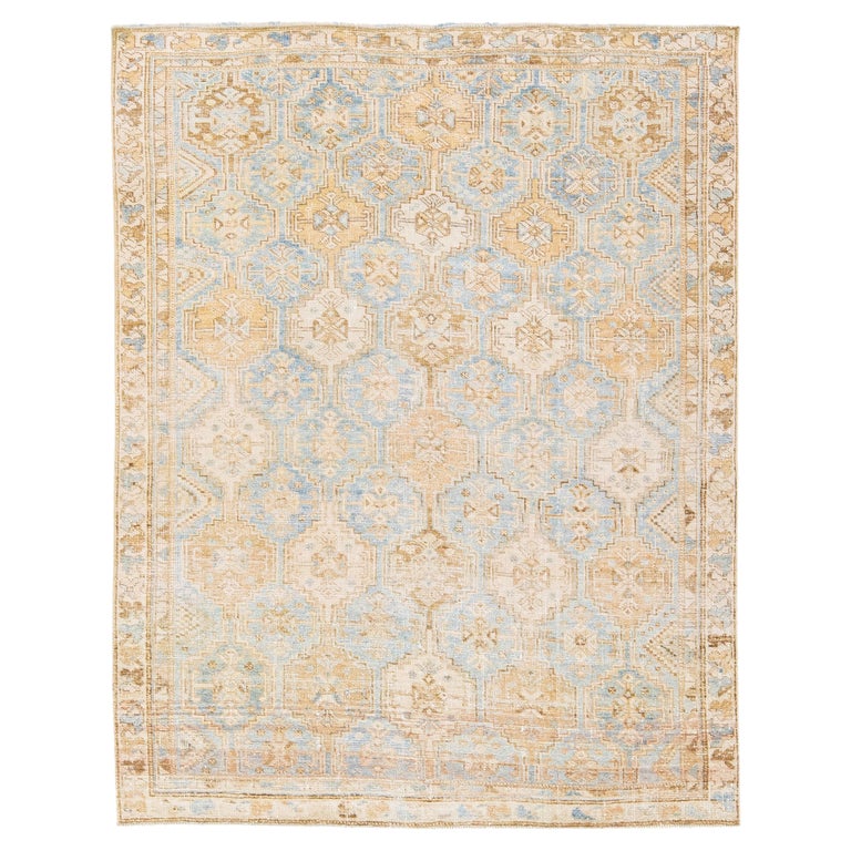 Antique Persian Mahal Handmade Beige and Blue Wool Rug with Geometric ...