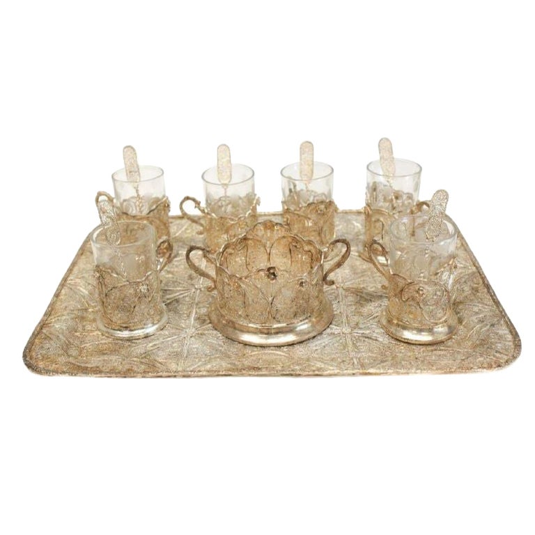 Set of 6 Glass Tea Service and Middle Eastern Sterling Silver Filigree ...
