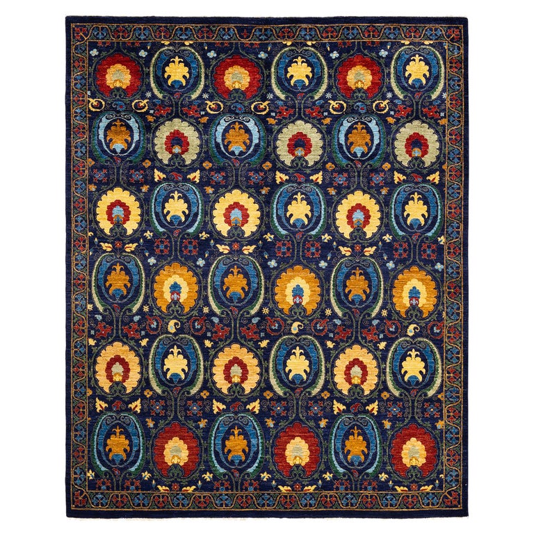 One-of-a-kind Hand Knotted Wool Suzani Blue Area Rug For Sale at 1stDibs