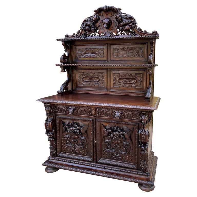 Antique French Server Buffet Sideboard Cabinet Oak Renaissance Dogs ...
