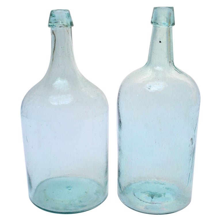 Set of Two Large Antique Molded and Hand-Finished Aqua Glass Spirits ...