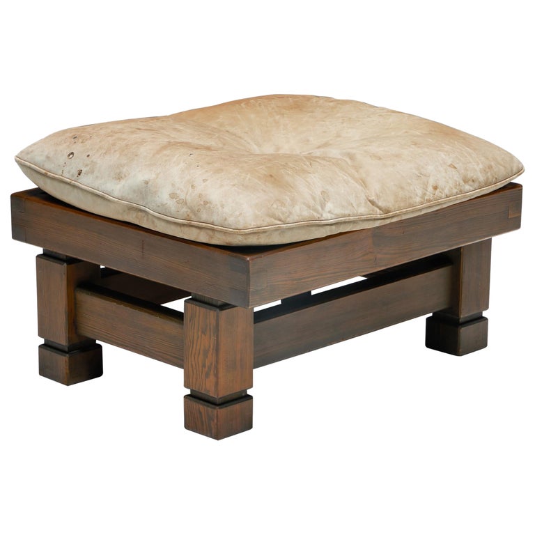 French Wooden Footstool with Leather Cushion, 1960s at 1stDibs