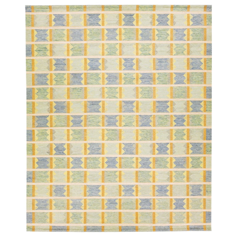 Modern Scandinavian Green Handmade Oversize Wool Rug with Geometric ...