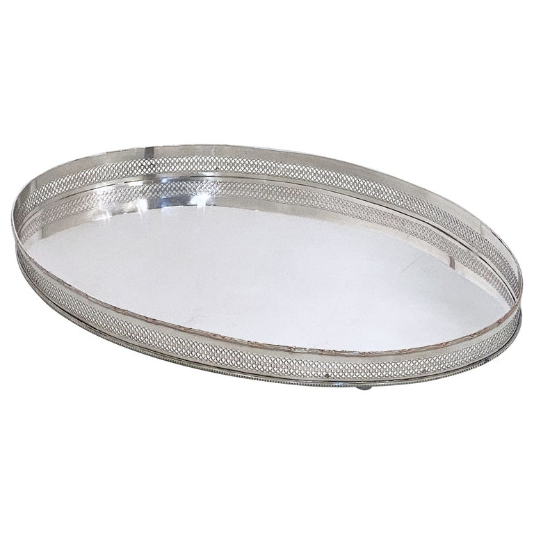 Large English Silver Oval Gallery Serving or Drinks Tray For Sale at ...