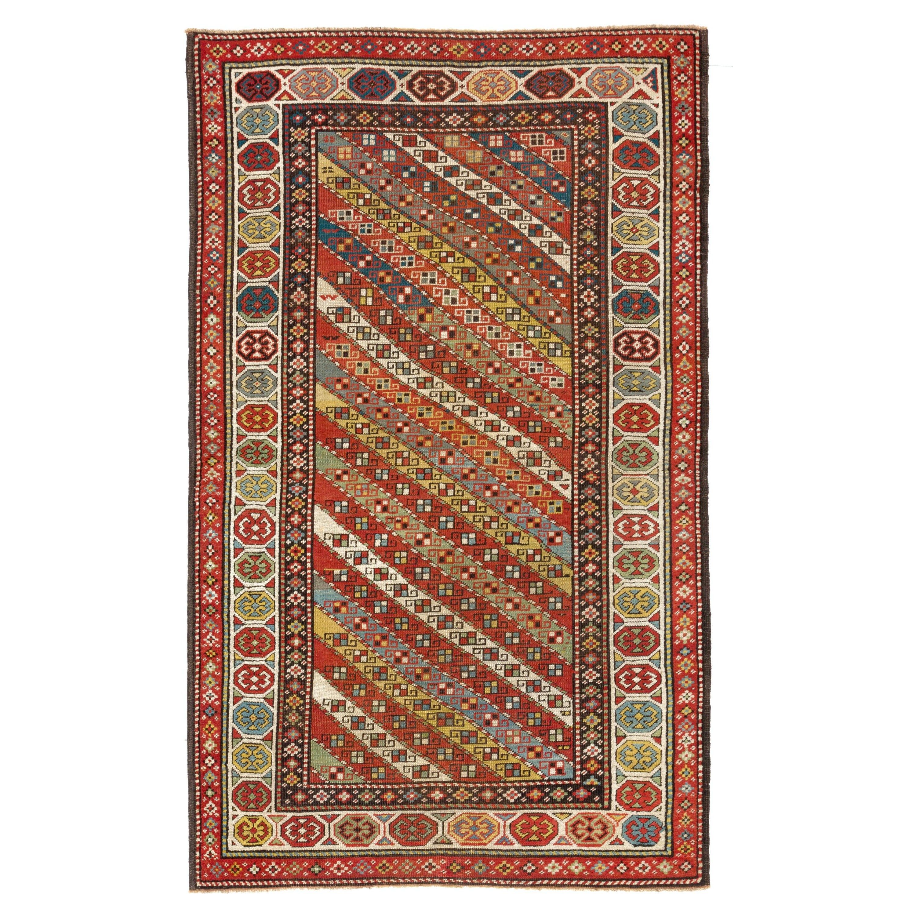3.9x6.6 Ft Antique Caucasian Gendje Rug Colorful Diagonal Stripes ...