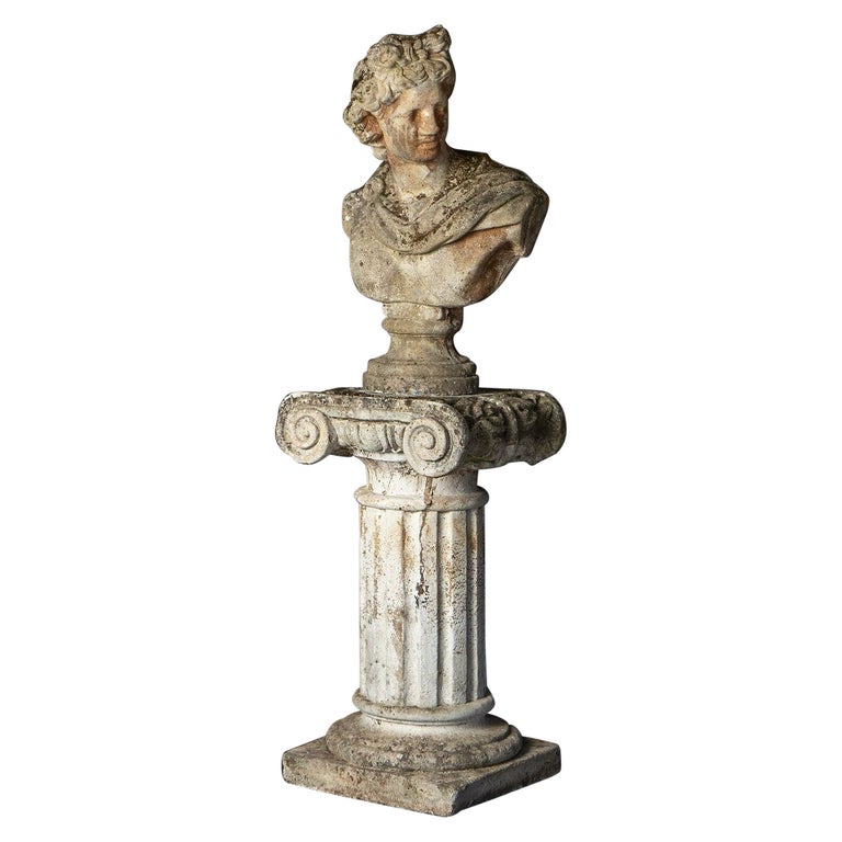 Large Classical Bust on Ionic Column Pedestal, Weathered Garden Statue at 1stDibs