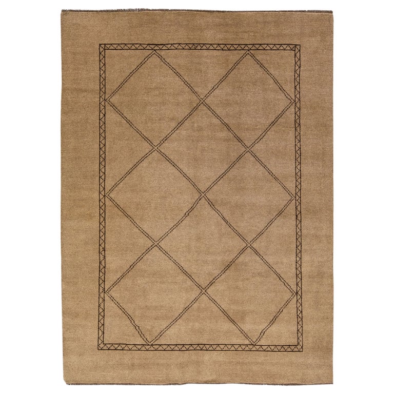 Modern Moroccan Style Handmade Brown Wool Rug with Geometric Motif by ...