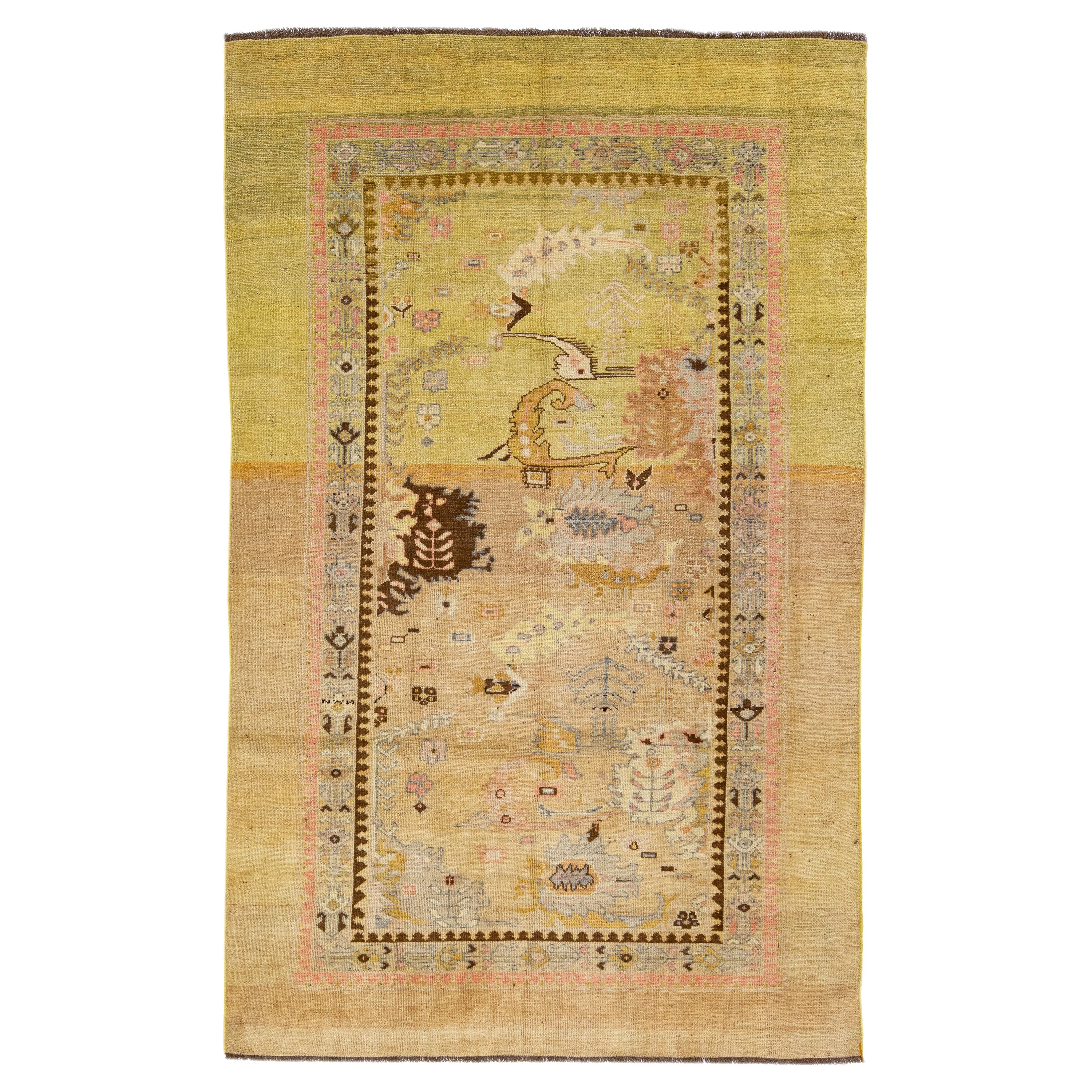 Yellow Mid-Century Modern Style Handmade Wool Rug with Floral Design by ...