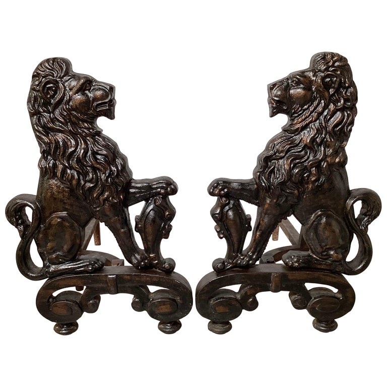 Pair of Wrought Iron Armorial Lion Andirons For Sale at 1stDibs