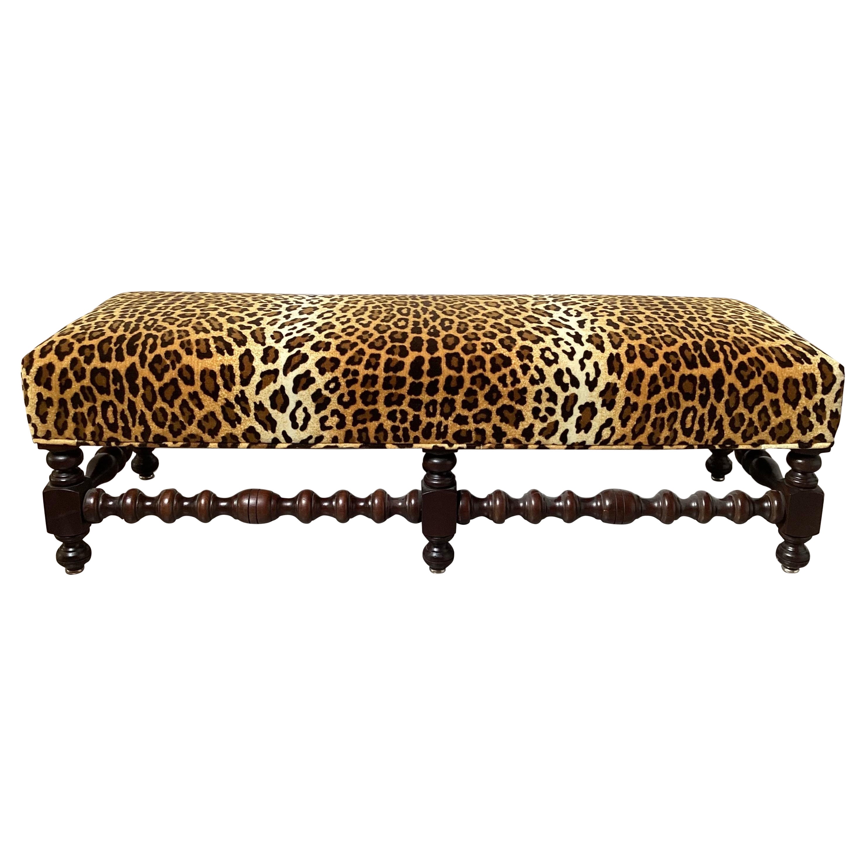 Leopard Pattern Long Walnut Stained Bench For Sale at 1stDibs