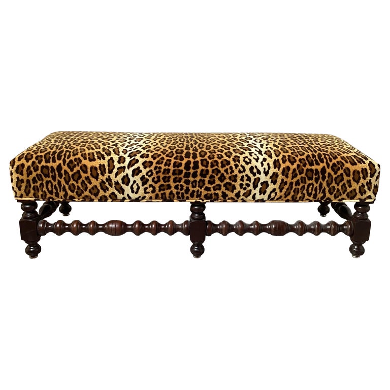 Leopard Pattern Long Walnut Stained Bench For Sale at 1stDibs
