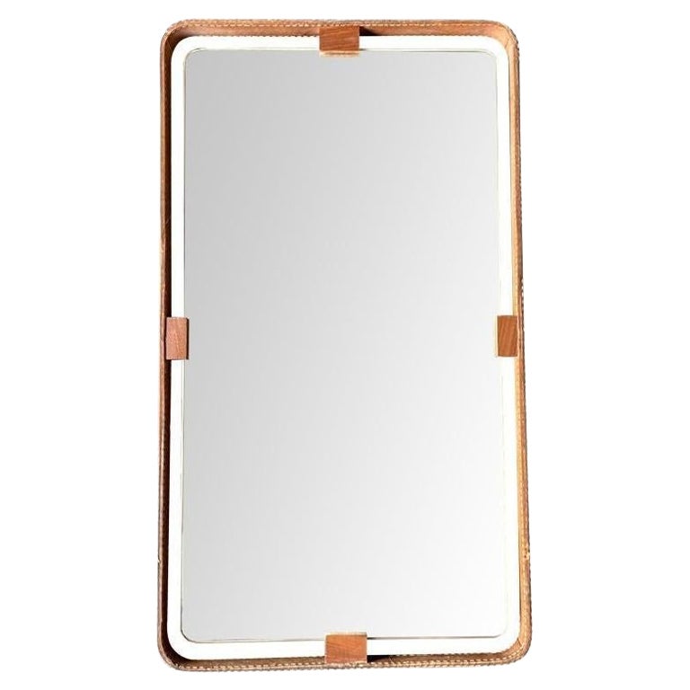 1950s Rectangular Brown Leather Framed Mirror in the Style of Jacques ...