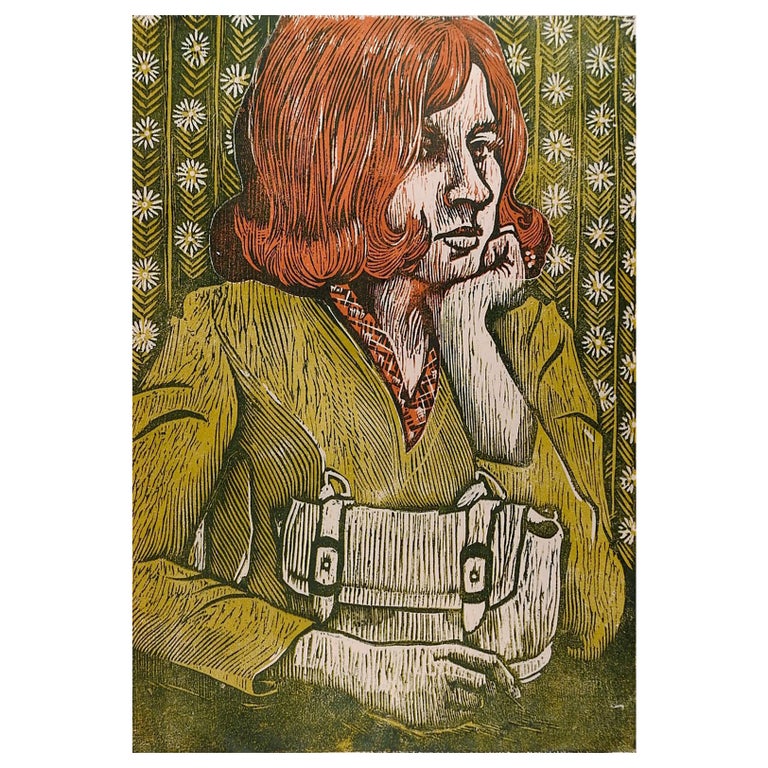 Mid 20th Century Block Print Portrait Redhead Woman in Olive Green Suit ...