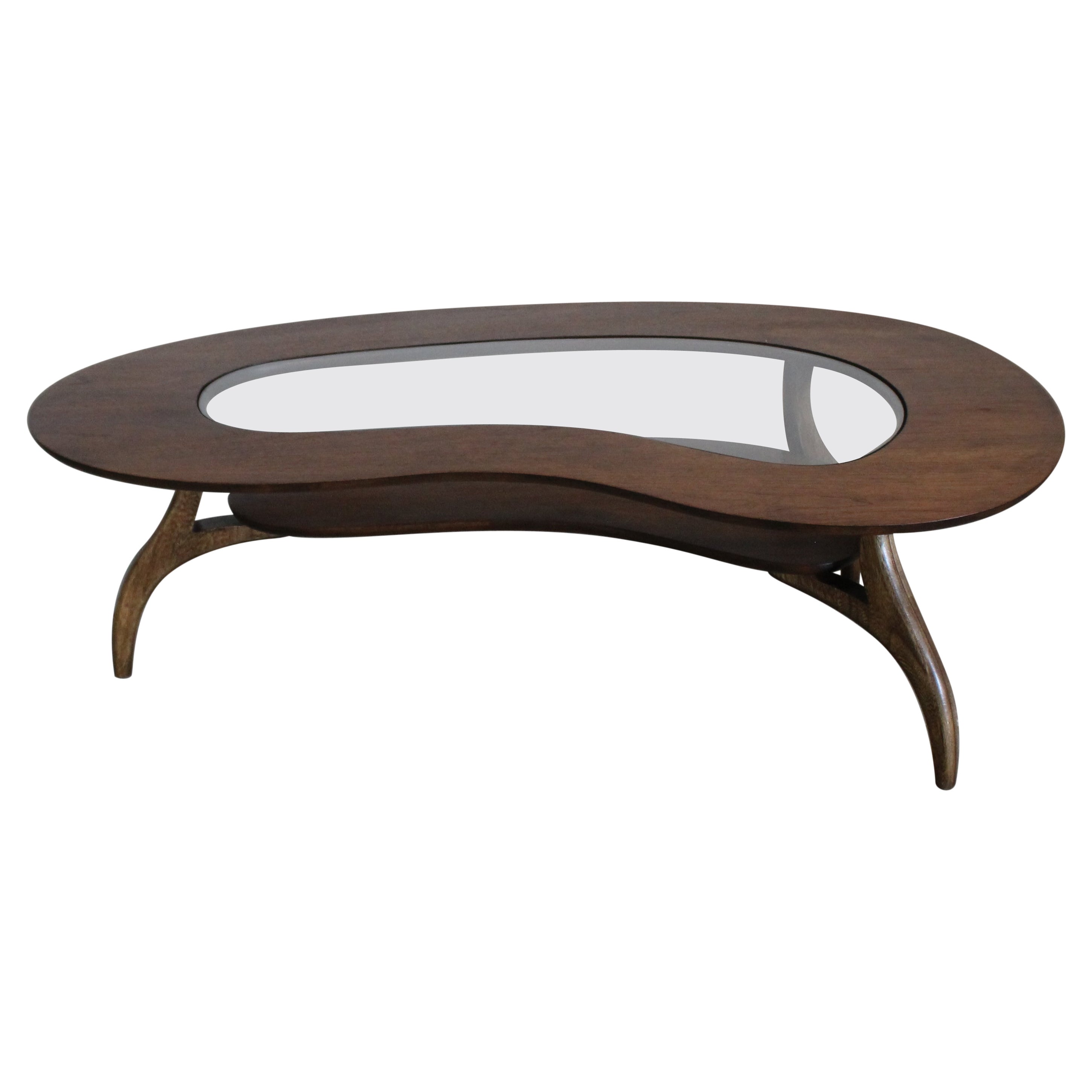 Vintage Mid-Century Modern Amorphous Glass Walnut Coffee Table at 1stDibs