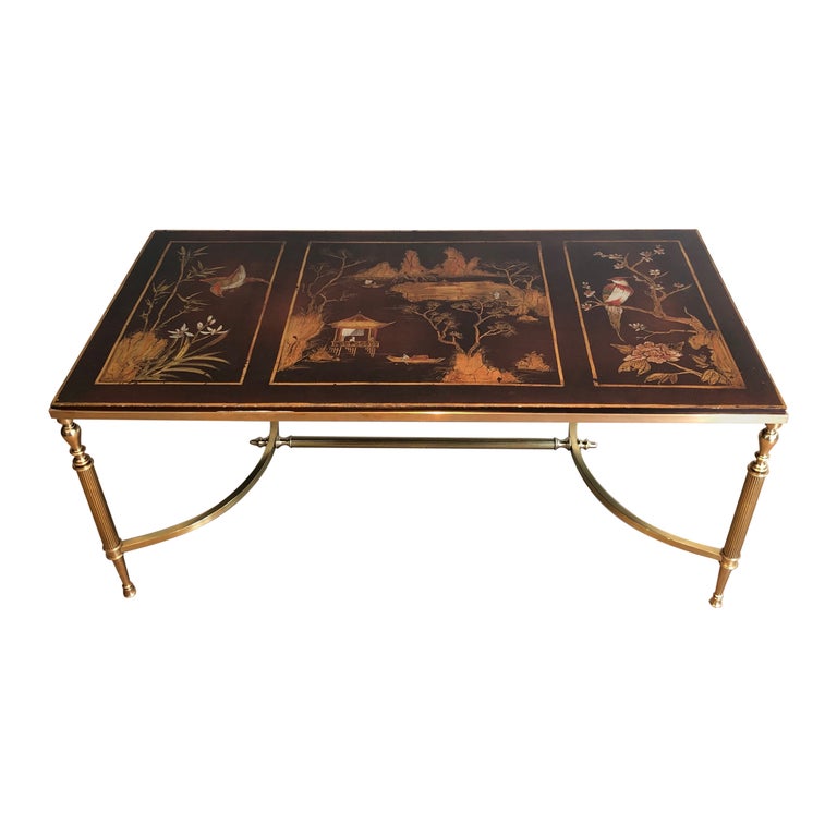 Brass Coffee Table with Wood Lacquered Top Representing Chinese Scenes ...