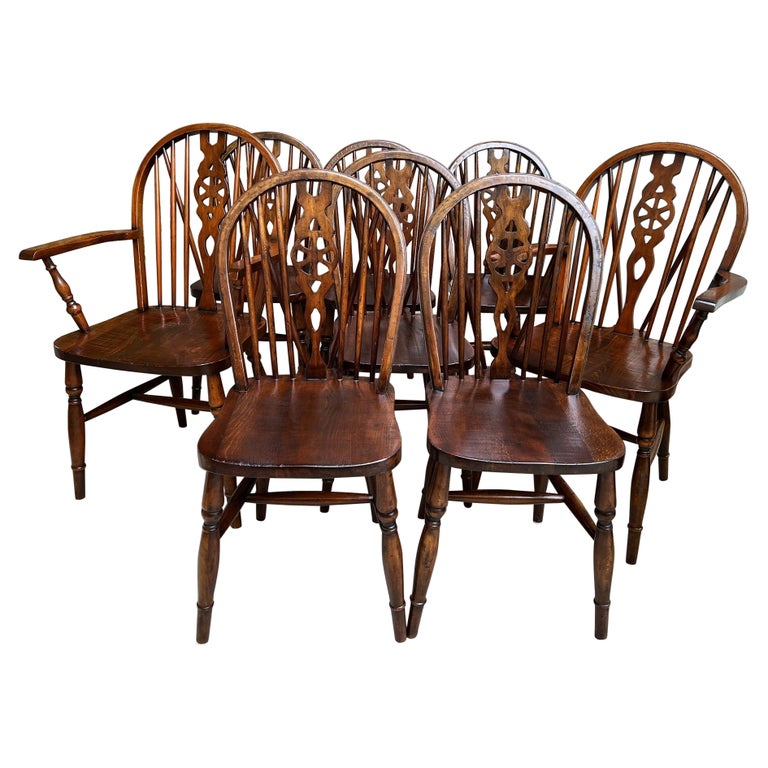 Set 8 Vintage English Dining Chairs Windsor Wheelback Dark Oak W ...