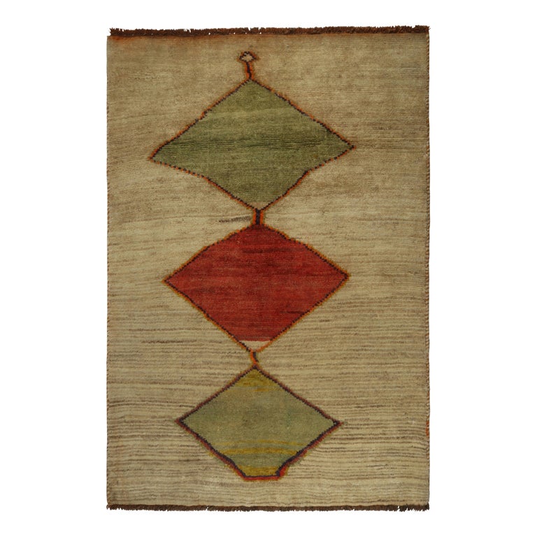 Vintage Gabbeh Tribal Rug in Beige with Red and Green Lozenge Medallion ...