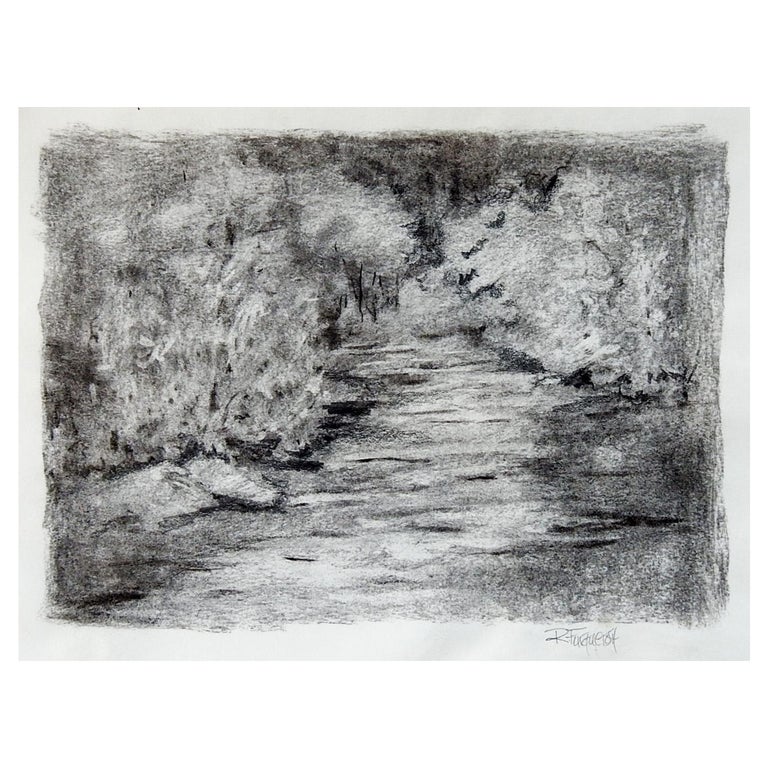 Vintage Impressionist Charcoal Forest Path Drawing For Sale at 1stDibs