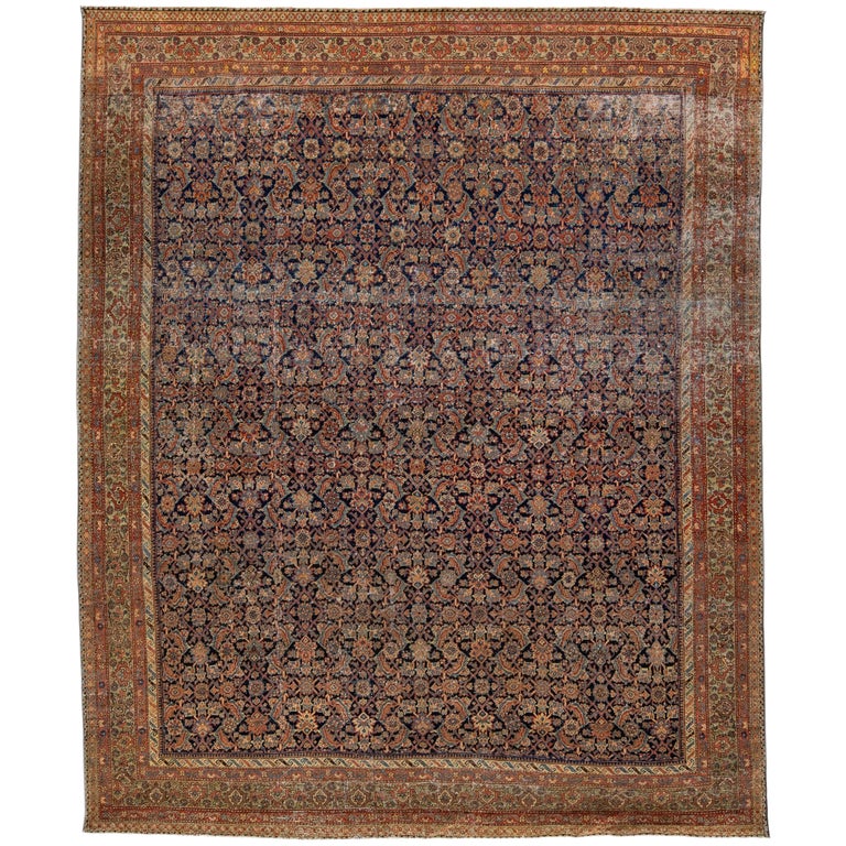 Antique Persian Mahal Handmade Blue and Rust Wool Rug with Mina Khani ...