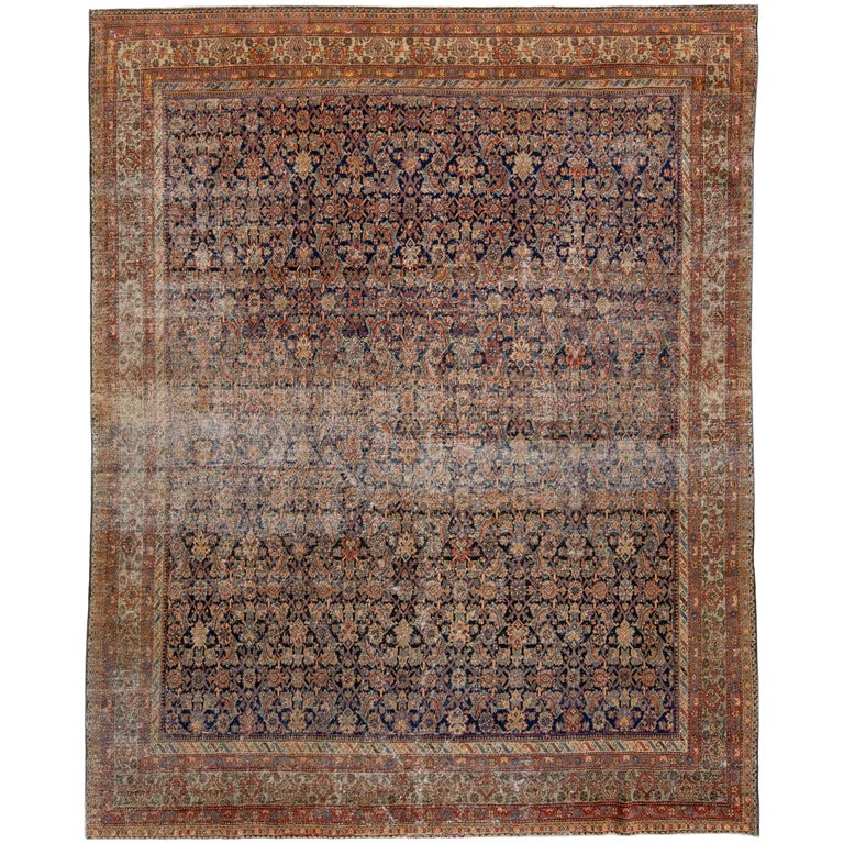 Dark Blue Antique Persian Mahal Handmade Wool Rug with Mina Khani Motif ...