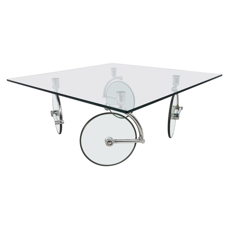 Glass Coffee Table with Wheels, 1980s For Sale at 1stDibs