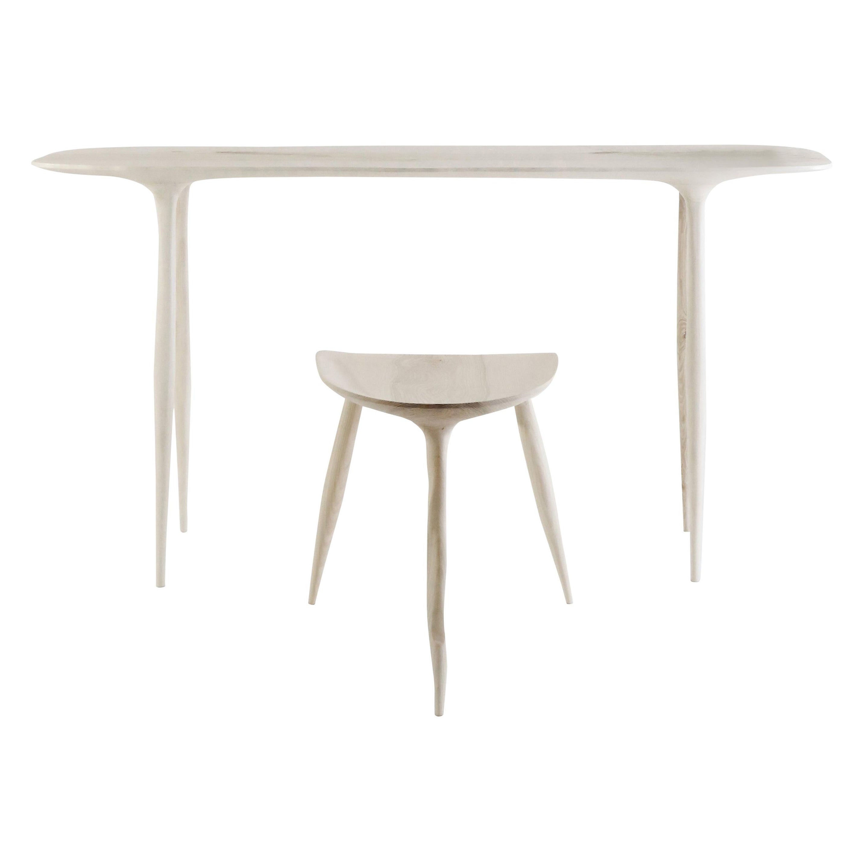 Oak Console Desk with Stool, Hand-Sculpted by Cedric Breisacher For ...