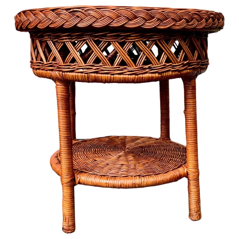 Vintage Wicker over Rattan Rd. End/Side Table For Sale at 1stDibs