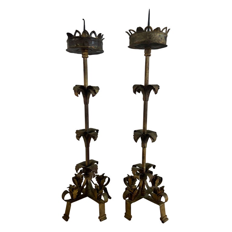 Pair of 19th C.Spanish Wrought Iron Candlesticks For Sale at 1stDibs