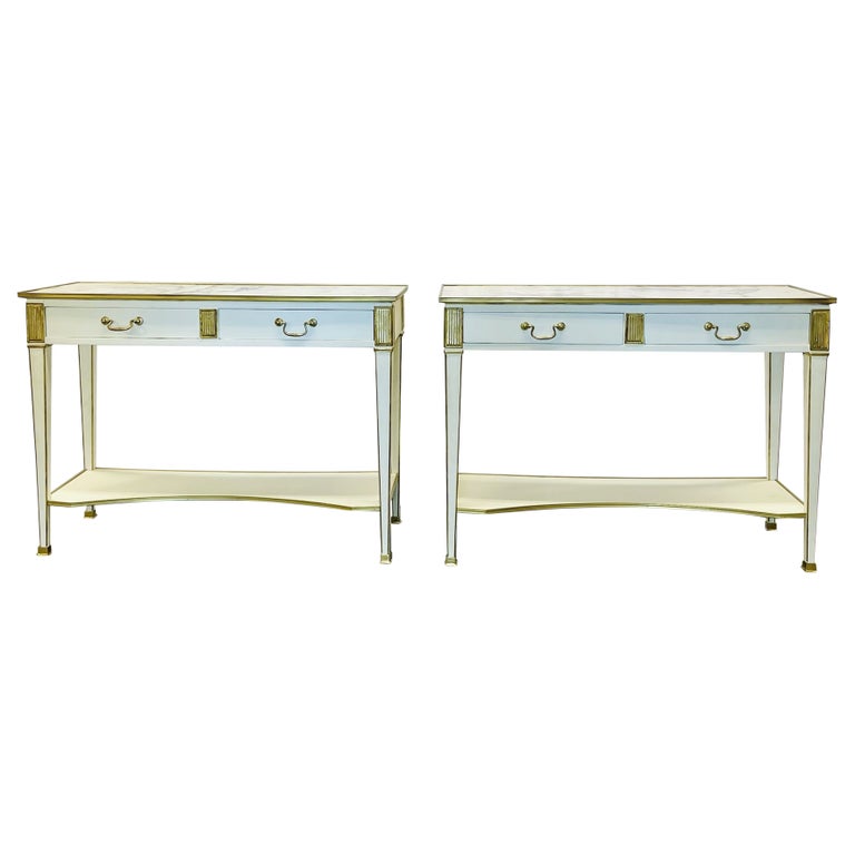 Pair of Hollywood Regency Neoclassical White Sofa, Console Tables ...