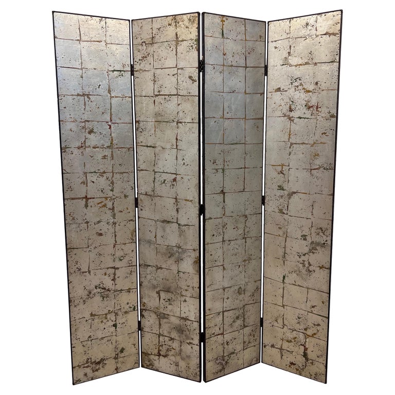 Mid-Century Silver Leaf and Brass Asian Room Divider Folding Screen For ...