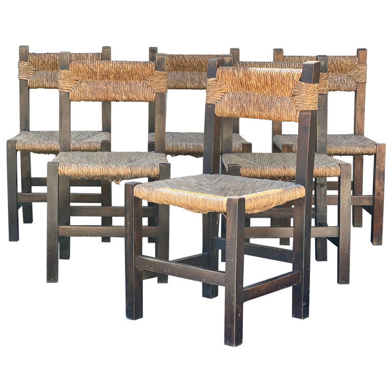 20th Century, French Style Set of 6 Straw Chairs 1950 For Sale at 1stDibs