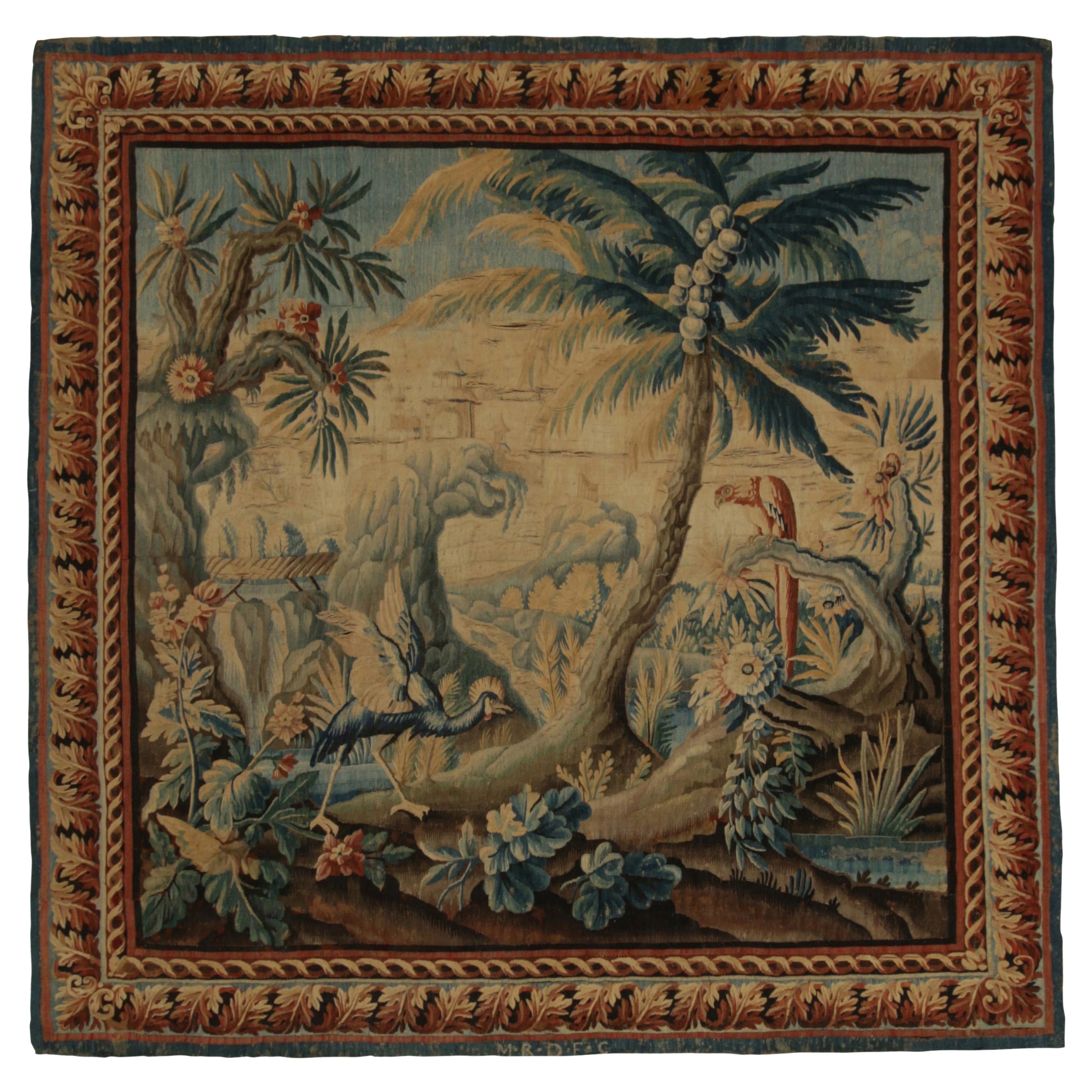 Antique French Cream and Green Floral Wool Tapestry Rug by Rug and ...