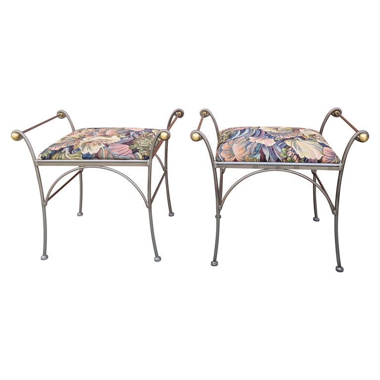 Pair of Charleston Forge Brass and Steel Floral Upholstered Benches For ...