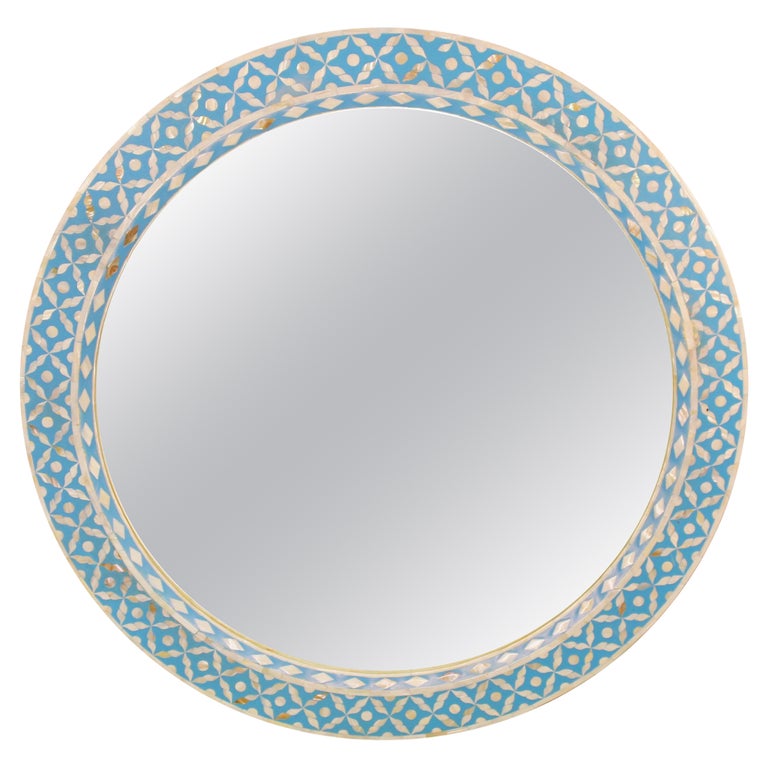 Round Mother of Pearl Mirror in Mellow Azure For Sale at 1stDibs