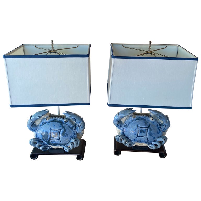 Vintage Pair of Terracotta Blue Crab Table Lamps Palm Beach Newly Wired ...