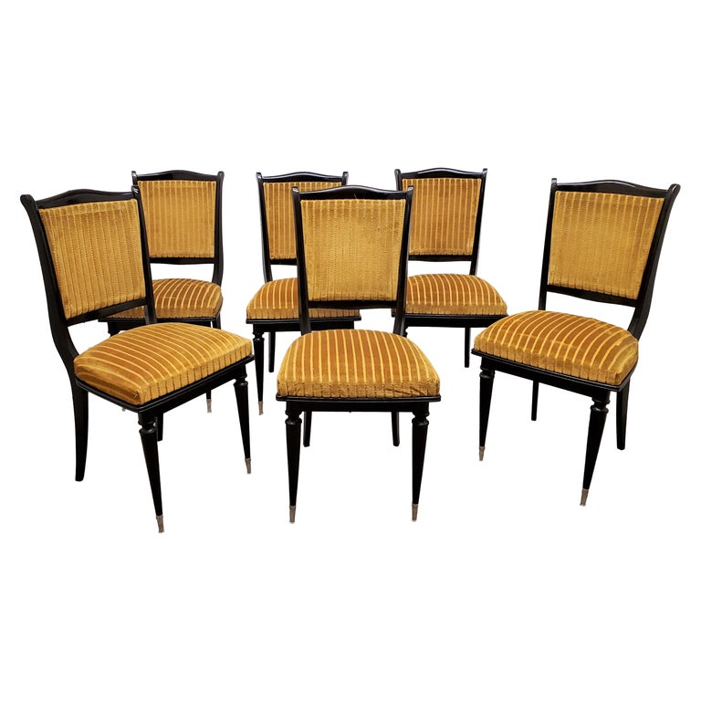 Set of six French ebonized dining chairs with nickeled sabots For Sale ...