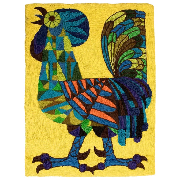 Colorful Midcentury Rooster Tapestry in Ackerman Style For Sale at 1stDibs