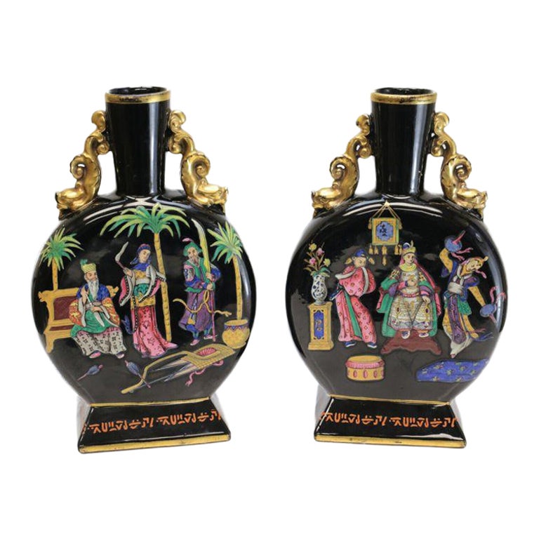 Pair of Chinoiserie Glass and Enamel Hand Painted Moon Flasks, c1890 ...