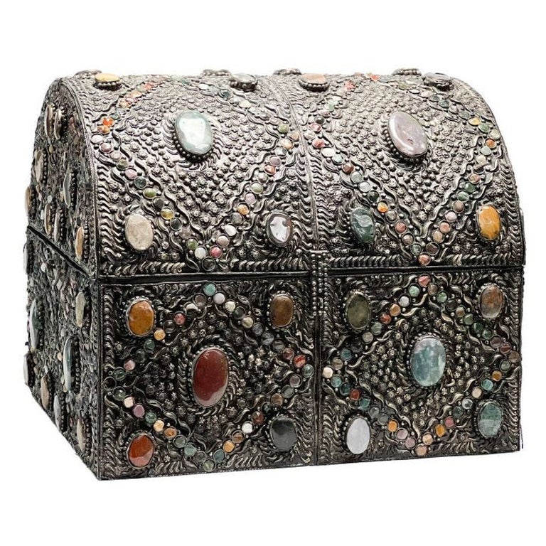Indian Silver Mounted and Semi-Precious Stone Encrusted Large Wood ...