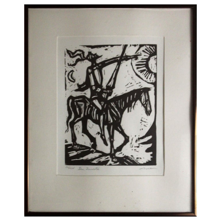 Irving Amen Don Quixote Modern Signed Woodcut 30/250 Framed For Sale at ...