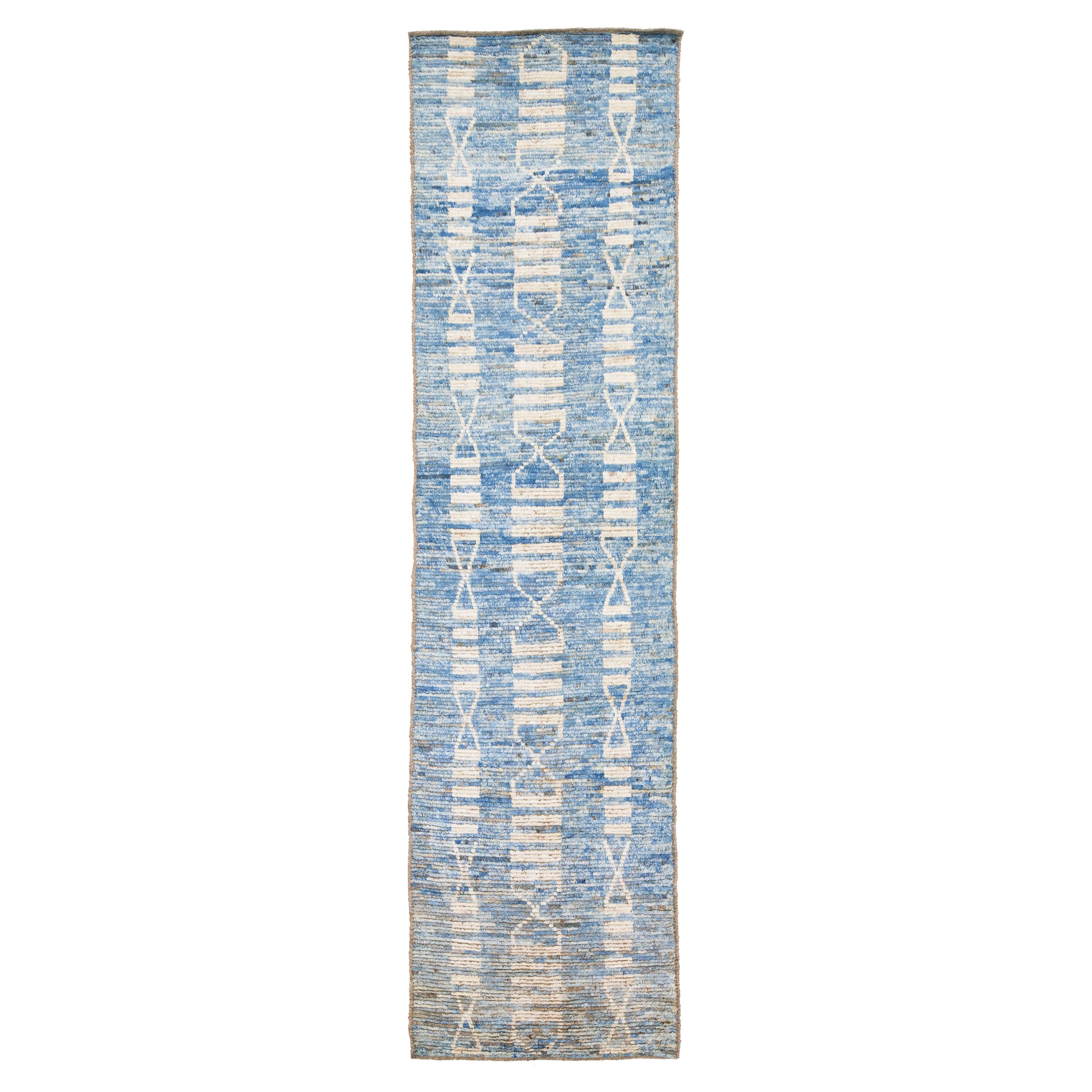 Navy Blue Modern Moroccan Style Handmade Wool Runner with Tribal Design ...