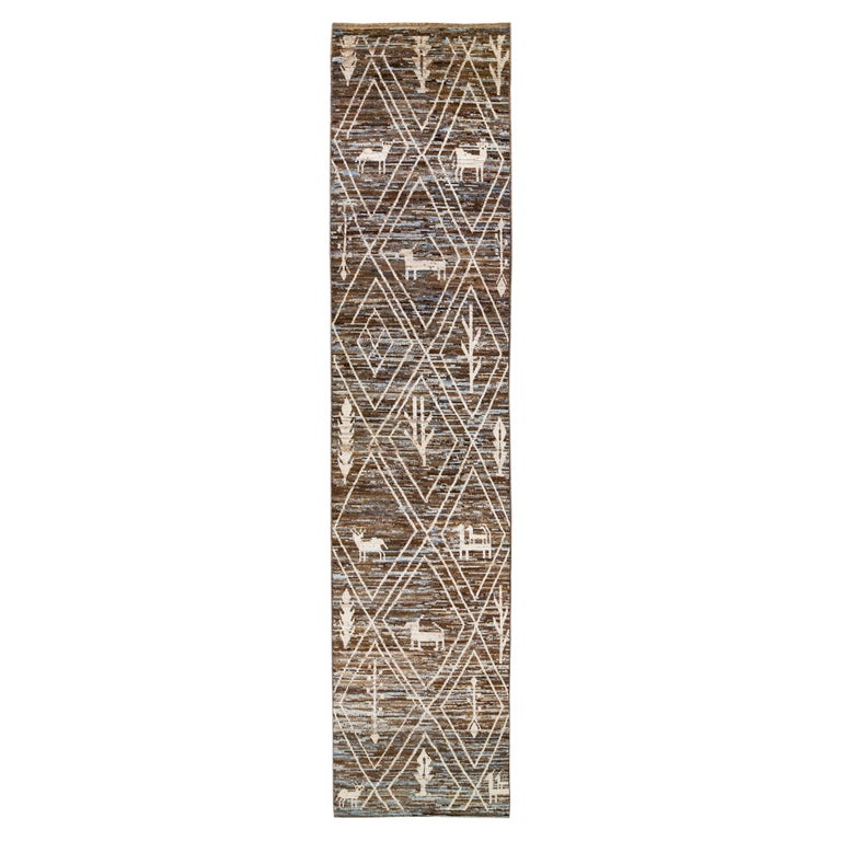 Modern Moroccan Style Handmade Brown Wool Runner with Tribal Pattern ...
