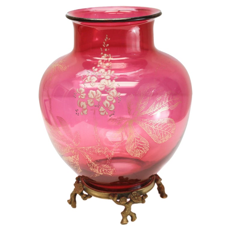 Baccarat Cranberry Red Glass Gilt and Enamel Bronze Footed Vase, circa ...