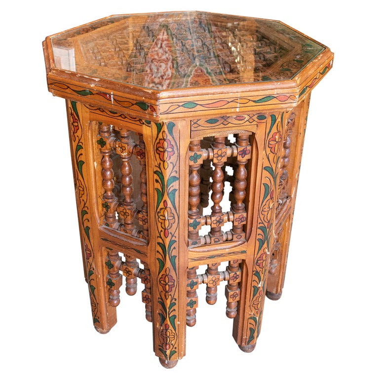 Moroccan Side Table in Carved and Hand Painted Wood For Sale at 1stDibs