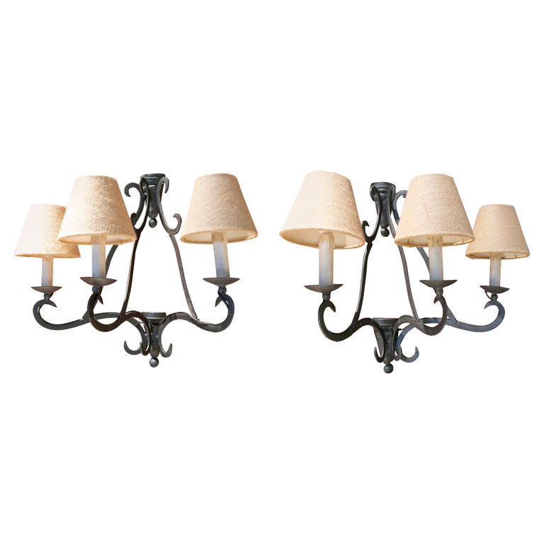 1970s Pair of Iron Wall Sconces with Lampshades For Sale at 1stDibs