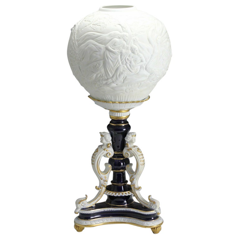 German Footed Porcelain Lamp, White Bisque Shade w/ Putti, Figures ...