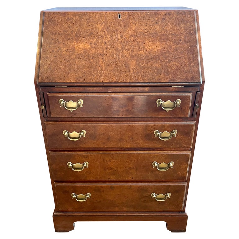 Vintage Burl Walnut Small Secretary Desk Table Chest For Sale at 1stDibs