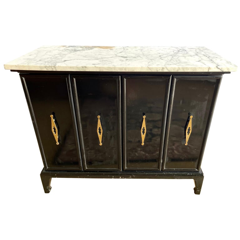Mid Century Black Lacquer and Marble Top Credenza Cabinet Bar Buffet ...