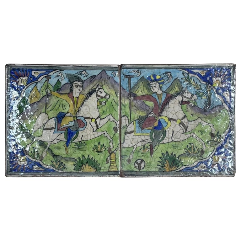 Vintage Polo Players Ceramic Persian Tile Wall Hanging at 1stDibs
