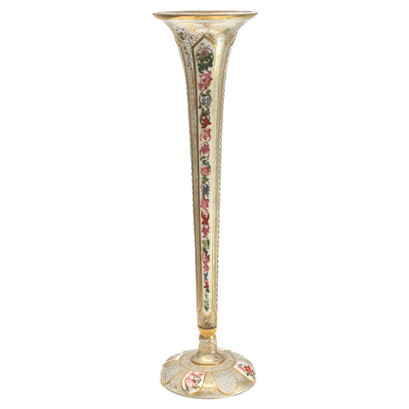 Two Mont Joye Amethyst Art Glass Tall Vases Hand Painted Raised Enamel ...